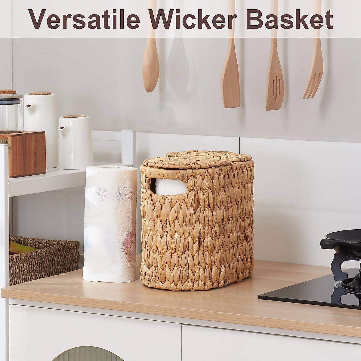 FairyHaus Wicker Toilet Paper Storage Basket with Lid & Handles, 4 Rolls Handwoven Toilet Paper Holder with Storage, Natural Water Hyacinth Toilet Paper Holder Stand Basket for Bathroom