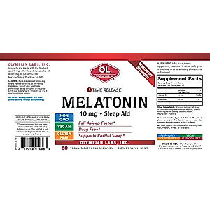 Olympian Labs Melatonin 10mg Time Release with Vitamin B6 - Maximum Strength Tablets - Drug-Free, Supports Restful Sleep, Nighttime Sleep Aid - 60 Vegan Tablets (60 Servings)