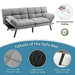KOMFOTT Futon Sofa Bed, Linen Fabric Memory Foam Convertible Futon Couch with Adjustable Backrest & Armrests, Metal Legs, Modern Loveseat Sleeper Bed Split-Back Sofa for Small Apartment & Office