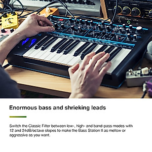Novation Bass Station II Analog Monosynth – includes 64 factory patches, pattern-based step sequencer and arpeggiator, two oscillators plus an additional sub oscillator.
