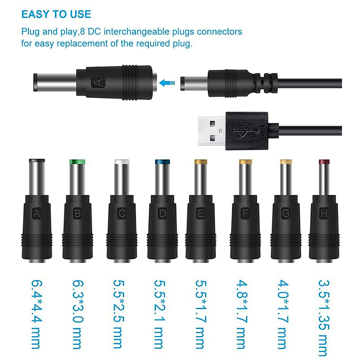 Swert USB 5V to DC 12V Converter Power Cable + 8 Interchangeable Plugs Connectors Adapter Compatible with Router,Mini Fan,Speaker and More Devices