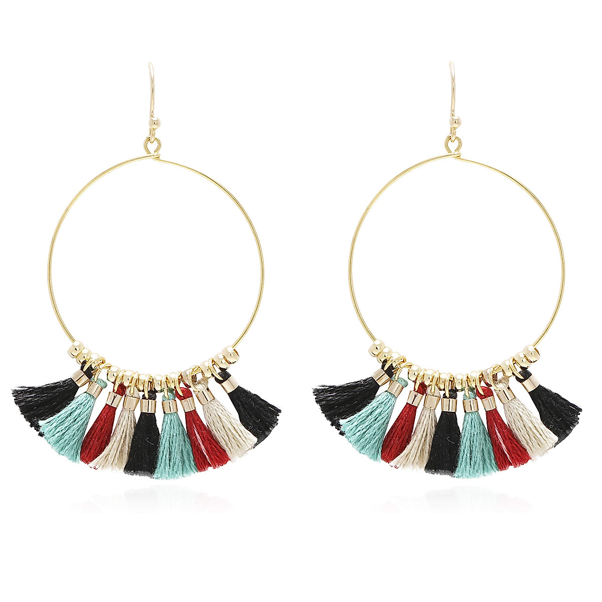 Bohemian Handmade Multi Color Tassel with Yellow Gold Plated Dangle Drop Statement Earrings