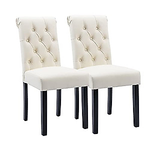 Kmax Leather Dining Chairs Button Tufted Diner Chairs Classic Upholstered Chairs with Wood Legs for Kitchen Dining Room Restaurant Set of 2, Cream
