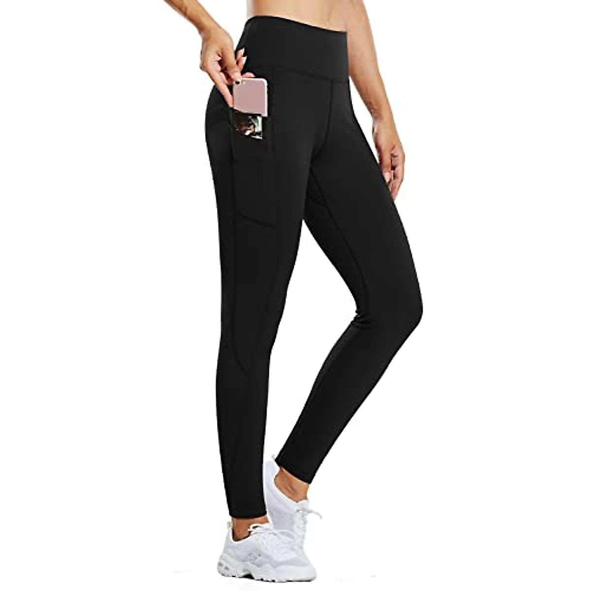 BALEAF Women's Fleece Lined Water Resistant Legging High Waisted Thermal Winter Hiking Running Pants Pockets Black X-Large