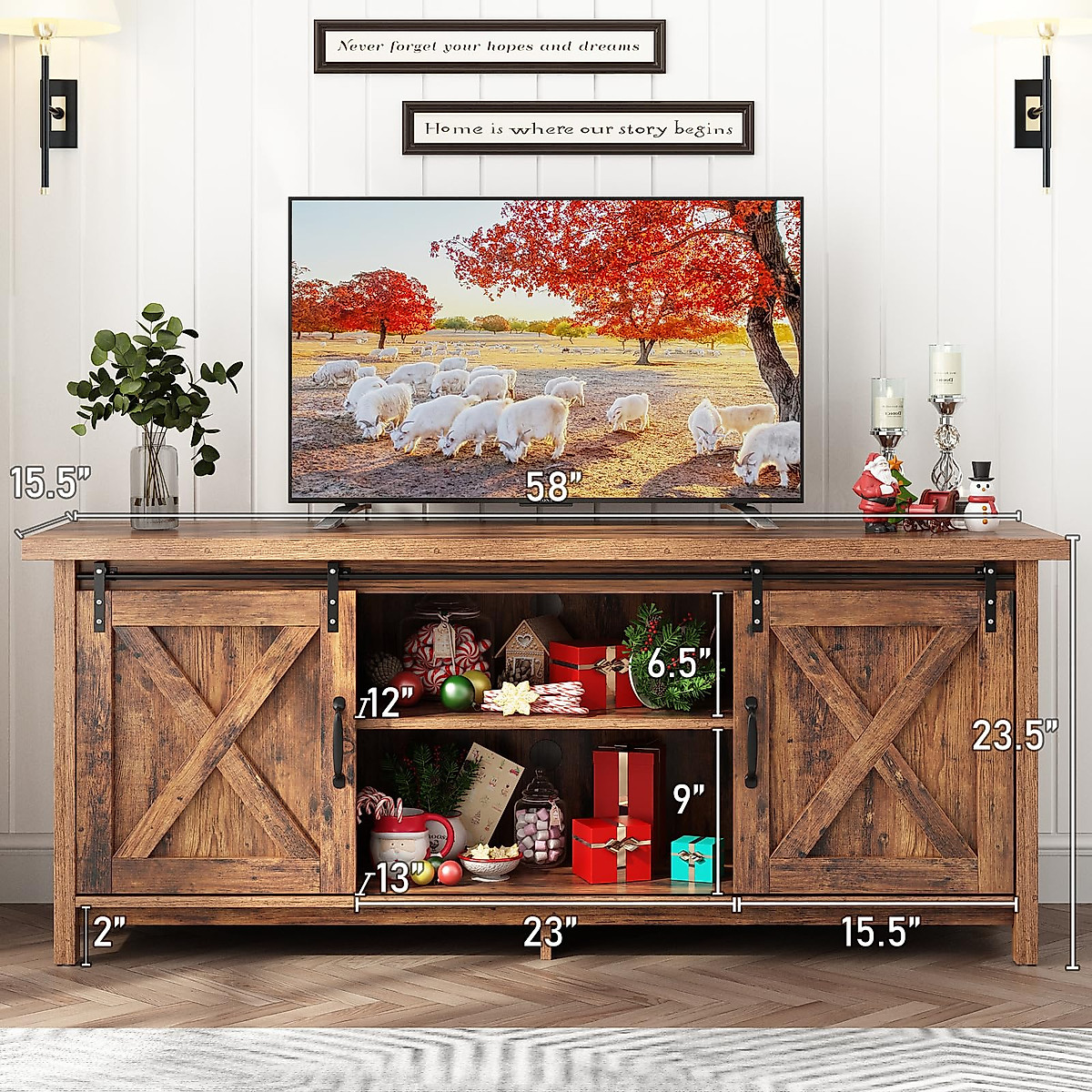Elibeauty Farmhouse TV Stand for 55-65in TV with Adjustable Shelves & Sliding Barn Door - Rustic, Wooden Entertainment Center & Media Cabinet for Bedroom, Living Room (Dark Brown, 58in)