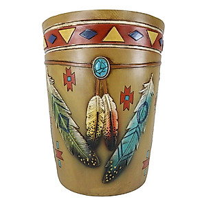 Ebros Gift Southwestern Tribal Native American Indian Colorful Feathers with Crackled Turquoise Stone Dream Catcher Design Dry Waste Basket Bin Bathroom Vanity Accent Figurine Decor Accessories