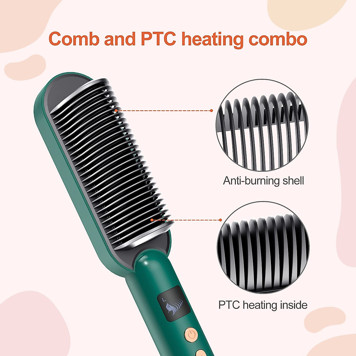 Hair Straightener Brush, Ring Hair Straightener Comb Straightening Brush with Anti-Scald & LED Screen, Suitable for Hair Lengths of 5 inches and Above