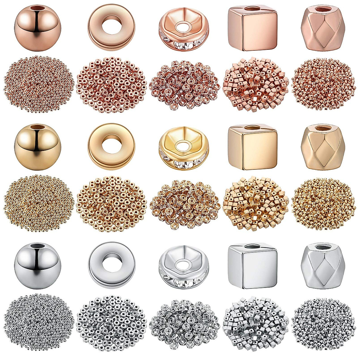 3630 Pieces Assorted Spacer Beads Faceted Rondelle Cube Square Column Beads Crystal Round Charms for Jewelry Making DIY Loose Beads, 5 Styles (Platinum, Gold, Rose Gold)