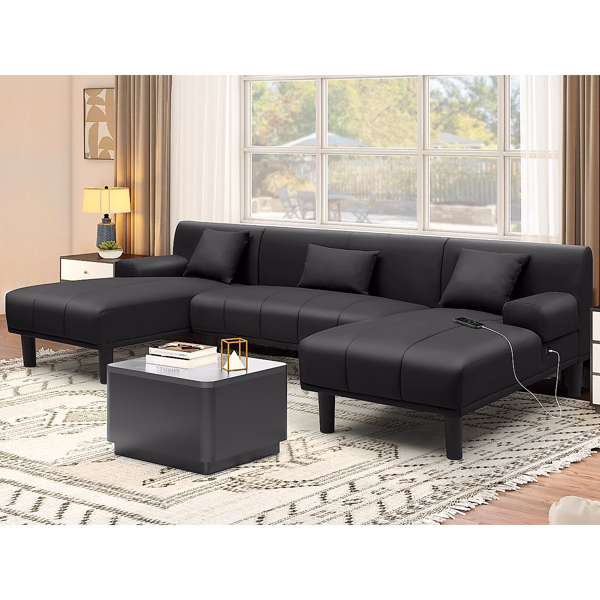 YITAHOME Sectional Couches for Living Room, U Shaped Sofa Faux Leather Modern Couch with USB & Type C Charging Ports Double Chaise and Comfy Upholstered, Black