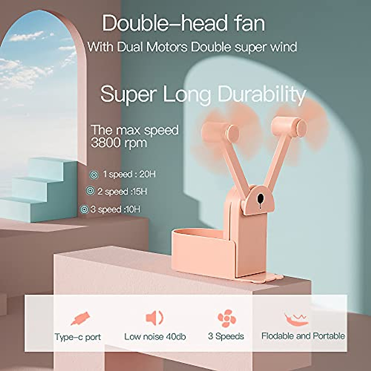 Bovisbws Portable Handheld Desk Fan,Dual-head fan with 3000 mAh Powerbank 20H Runtime,Duble Enhanced Airflow, Battery Operated or USB Powered Folding Personal Fan,3 Speeds,Rechargeable Mini Fan,White