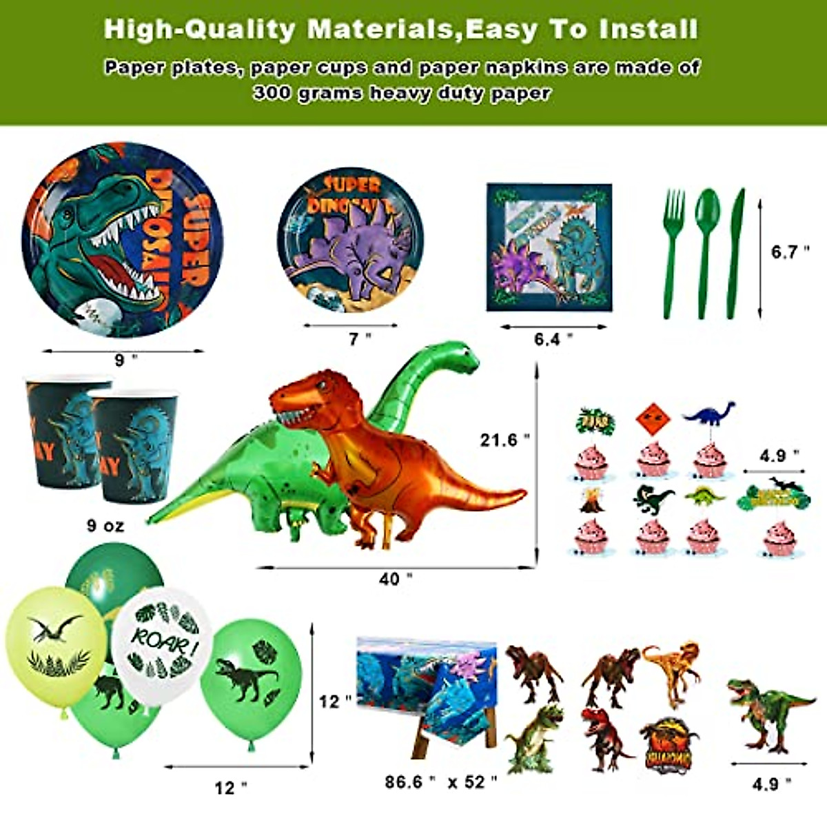 Dinosaur Birthday Party Supplies Kit For Boys, Dinosaur Party Decorations-20 Guest-Include Dino Plates Cups Napkins Banner Cutlery Balloon Tablecloth Straws Toppers