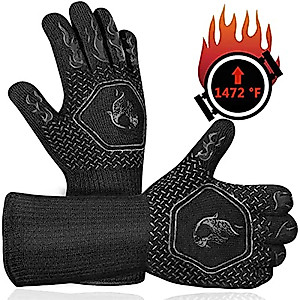 BBQ Fireproof Gloves - Grill Cut-Resistant Gloves 1472°F Extreme Heat Resistant, Silicone Non-Slip Oven Gloves for for Kitchen Garden BBQ Grilling and Outdoor Cooking Campfire