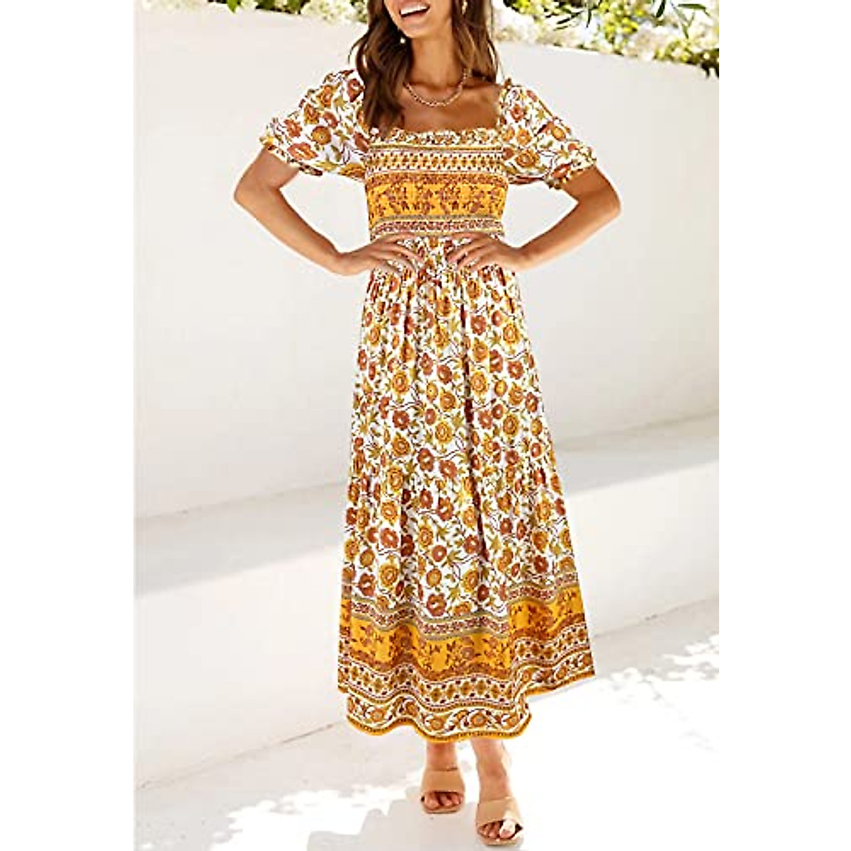ZESICA Women's 2023 Summer Boho Floral Print Square Neck Ruffle Swing Beach Long Maxi Dress,Yellow,Medium