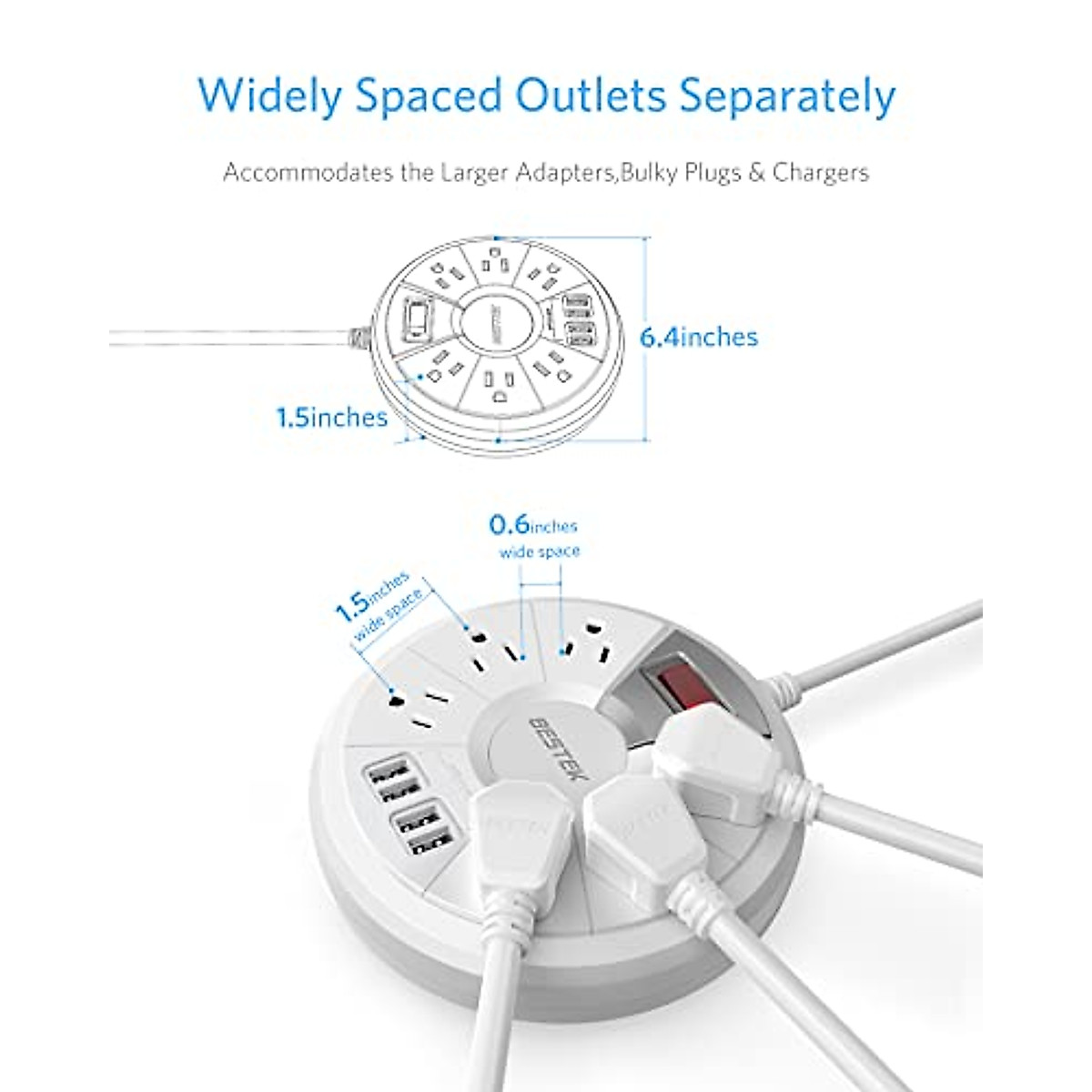 Travel Power Strip, BESTEK 6Ft Extension Cord with 4 USB Ports and 6-Outlet (13A 125V), Surge Protector Power Strip for Dorm Room, Bedside, Cruise Ship, 220J, White