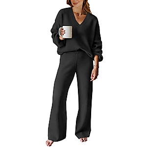 ANRABESS Women's Two Piece Outfits Sweater Sets Long Sleeve V Neck Knit Pullover and Wide Leg Pants Sweatsuit Lounge Set Black Large