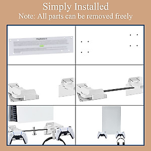 Wabracket Wall Mount Kits for PS5, 6 in 1 Sturdy Wall Mount Brackect Holder for PS5, Compatiable with Both Digital and Disc Version, with Detachable Controllers and Headphone Holder, Charging Cable and Spirit Level, Space Manager for PS5