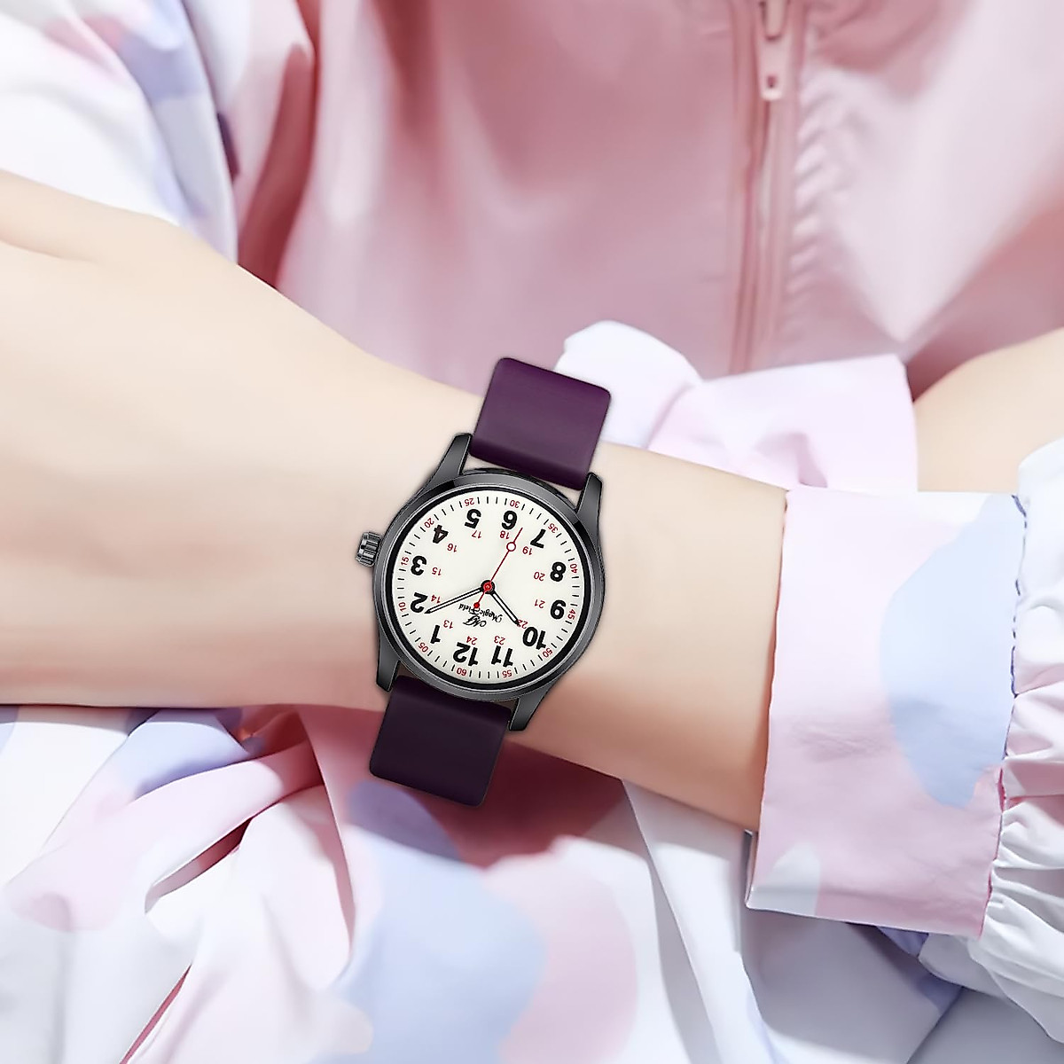 SUDESMO Women's Nurse Watch - Waterproof, Easy to Read with Second Hand, Silicone Band, Luminous - Black, Purple