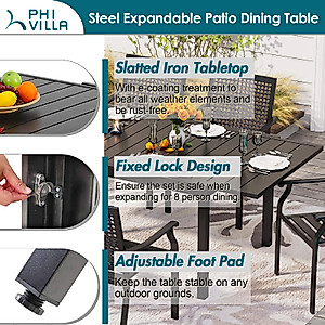 PHI VILLA Outdoor Patio Dining Table and Chairs Set of 9 Pieces Patio Furniture Set Metal Expandable Dining Table 8 Wrought Iron Stackable Chairs for Bistro Backyard