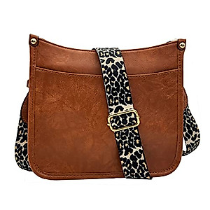 HAIBOLAN Shoulder Bag for Women Leopard Adjustable Guitar Strap Crossbody Purse Vegan Leather Bucket Handbags (A-Brown)