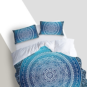 MILANKET Blue Boho Queen Duvet Cover Set, Soft Breathable Microfiber Bohemian Mandala Comforter Cover, 3pcs Luxury Chic Blue Boho Paisley Floral Bedding Set, No Comforter