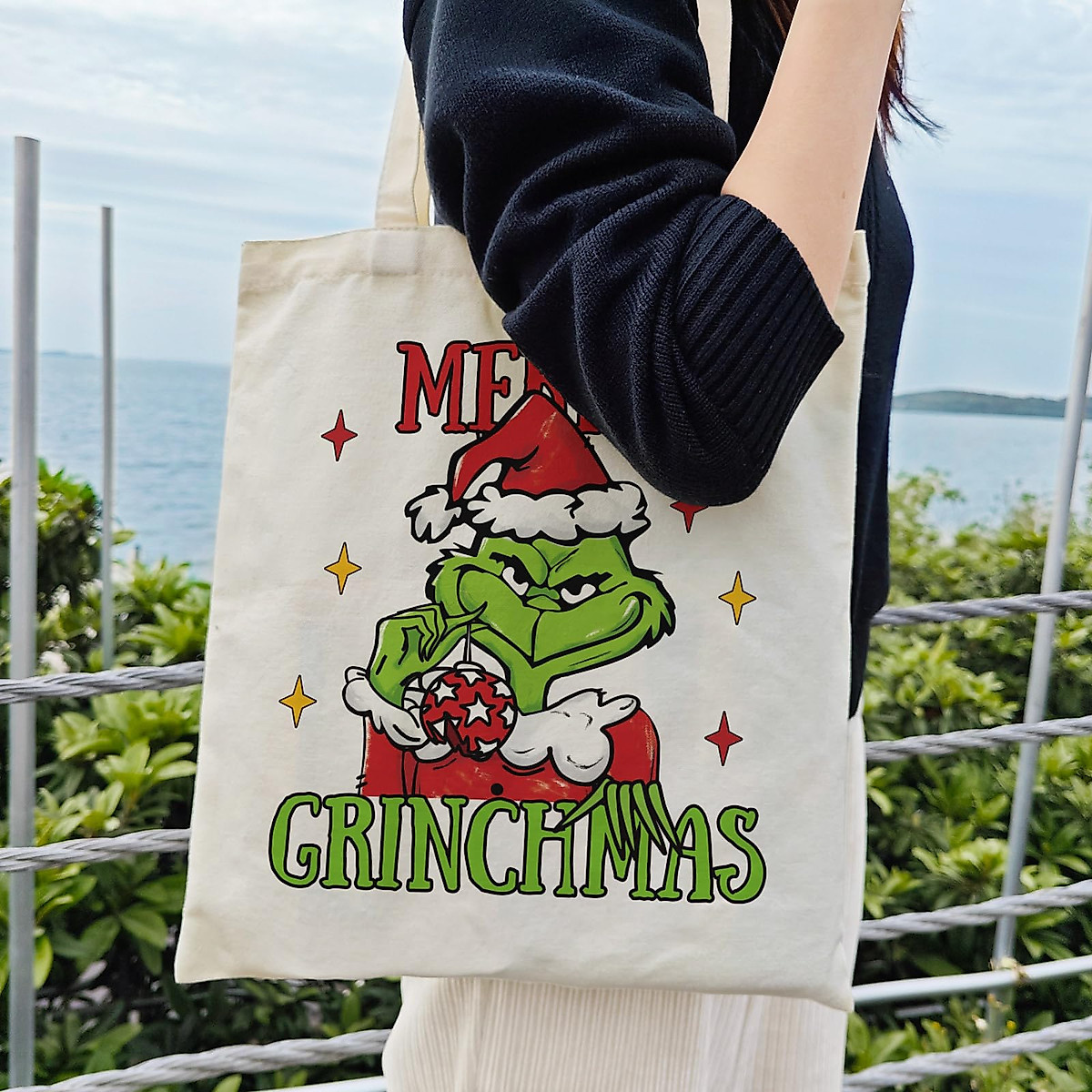 Dlzdn Christmas Canvas Tote Bag For Women Aesthetic Merry Christmas Tote Bag Shopping Grocery Bag Beach Bag Gifts for Women Teacher Bag Reusable Grocery Bag