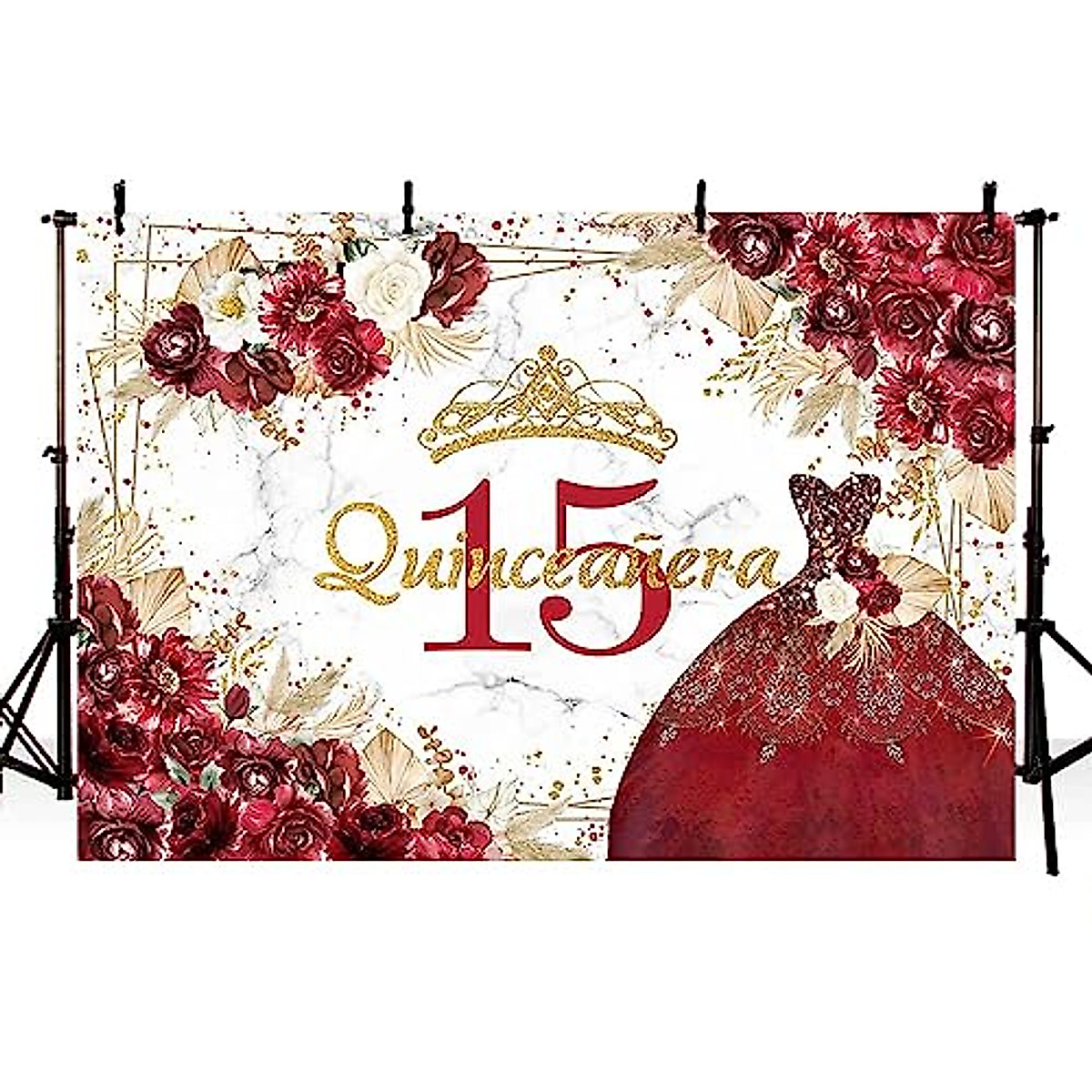 MEHOFOND 10x7ft Boho Floral Quinceanera 15th Birthday Backdrop for Girls Red Flowers Pampas Grass Mis Quince Anos 15th Birthday Party Decorations Photography Background Gold Glitter Dots Crown Banner