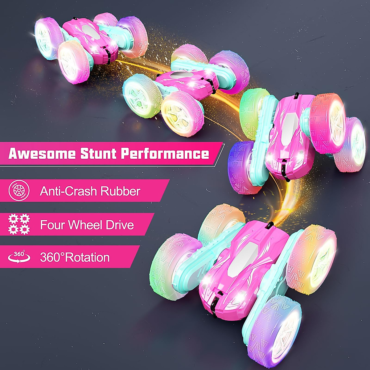 28℃ Remote Control Car for Boys, Drift High Speed RC Cars, 4WD 2.4Ghz Rechargeable RC Truck with Double Sided 360 Flips and Headlights Wheel Lights, Off-Road Stunt Toy Car for Kids Boy Girls Pink