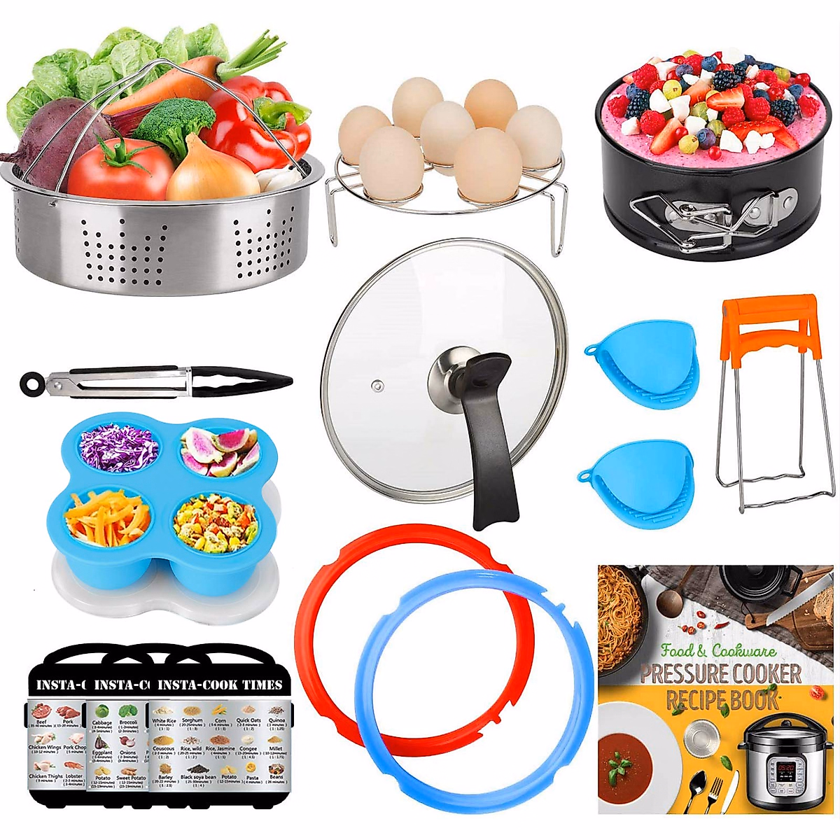 3 Quart Accessories for Instant Pot, Including Cake Baking Barrel, Steamer Basket, Tempered Glass Lid, Silicone Sealing Rings, Egg Steamer Rack, Egg Bites Mold