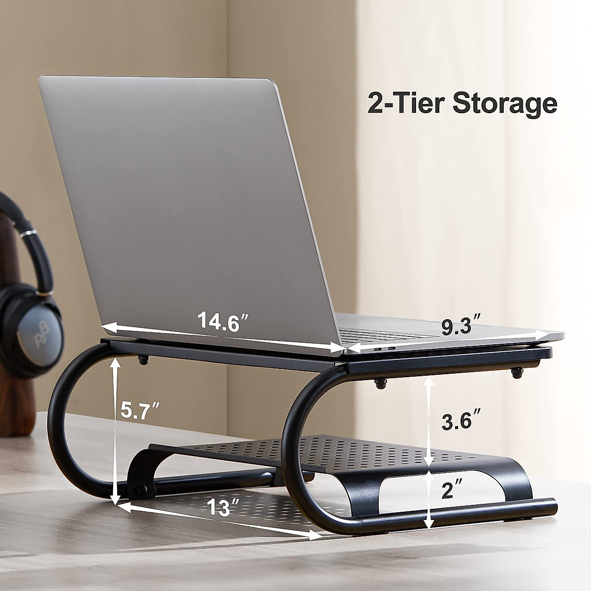 LORYERGO Monitor Stand, Monitor Riser, Computer Stand with Media Solt, Laptop Riser with Vents, 2 Tier Monitor Stand Riser with Storage for Printer/PC, Desktop Stand Organizer - Office & Home