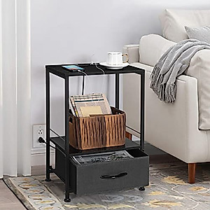 Nightstand with Charging Station Black Side End Table with USB Ports and Outlets 2 Tier Small Side Table with Drawer Modern Bedside Table with USB Ports and Storage in Bedrooms Living Room