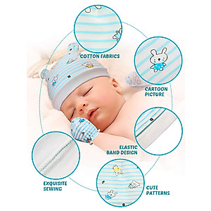 18 Pieces Newborn Cap Mitten Sock, Including 6 Pieces Newborn Hats, 6 Pairs Baby No Scratch Mittens Gloves and 6 Pairs Infant Socks for 0-6 Months Unisex Baby Boys Girls Set Multicoloured