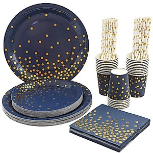 DGVR Blue and Gold Party Supplies Disposable Party Dinnerware Set 125PCS Dark Blue Paper Plates Napkins Cups Serve 25 for Graduation Birthday Party Wedding