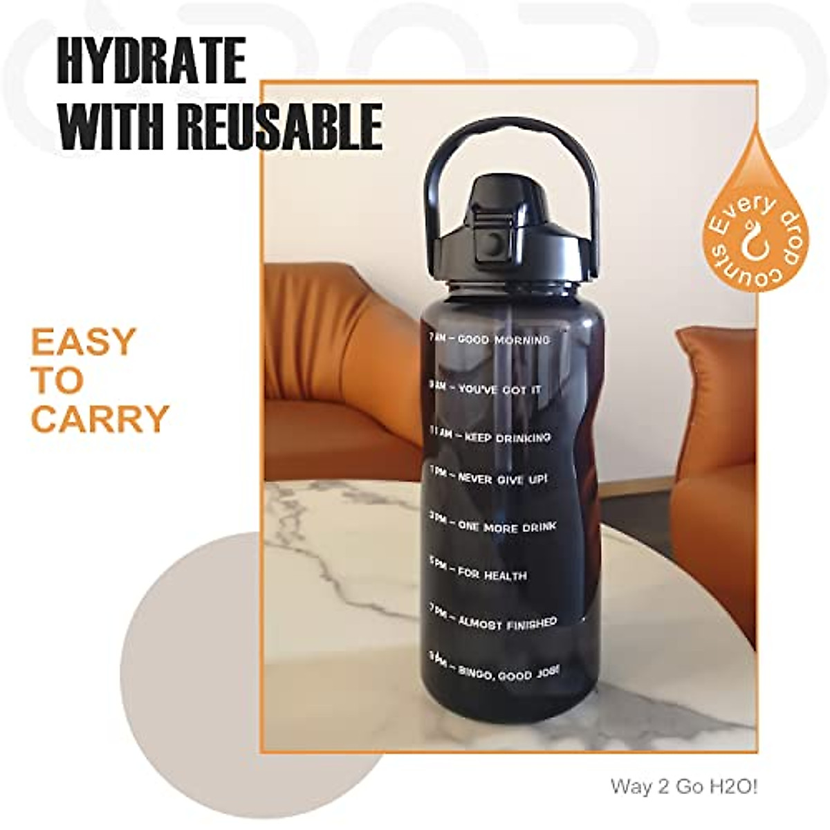 Opard 64 oz Water Bottle with Time Marker to Drink Half Gallon Motivational Water Bottle with Straw and Handle Large BPA Free Water Jug for Sports Gym Fitness (Deep Black)