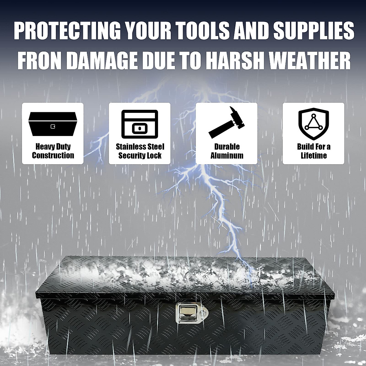 confote 39 Inch Heavy Duty Aluminum Stripes Plated Tool Box Pick Up Truck Bed RV Trailer Toolbox Waterproof Square Storage Organizer with Side Handle, Lock and Keys -39"x 13"x 10"，Black