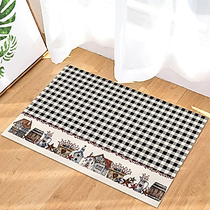 LTAETHC Kitchen Rug Floor Mat Retro Farm Country Star Berry on Black Grid Flannel Kitchen Mats, Cushioned Anti Fatigue with Non Slip Rubber Backed for Kitchen Bedroom Home Entrance - 18" x 30"