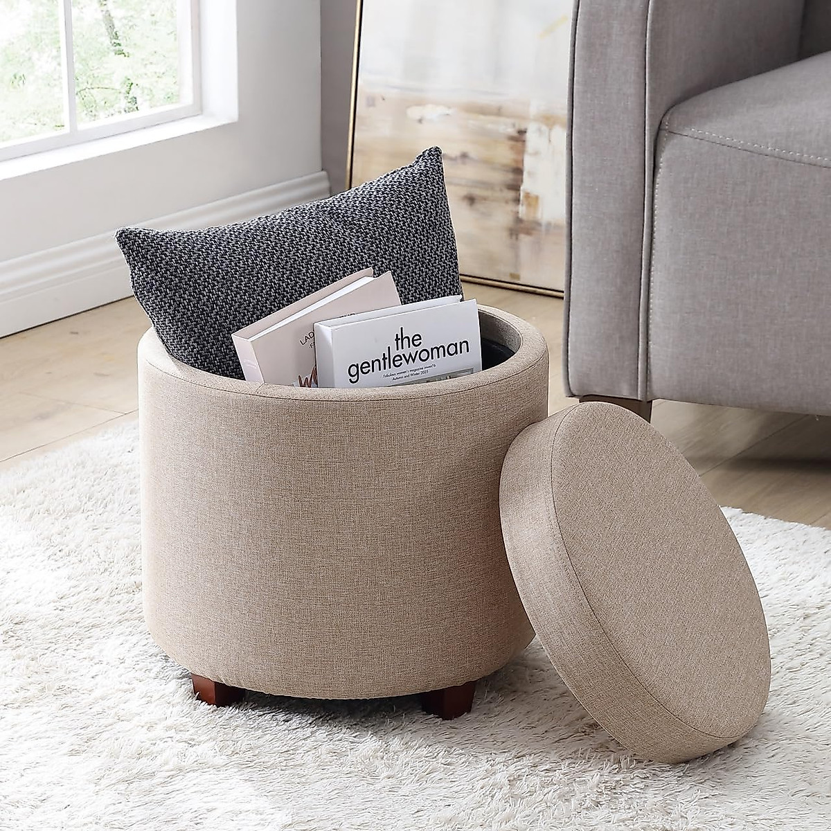 Ornavo Home Lawrence Round Storage Ottoman with Lift Off Lid and Tray Lid Coffee Table, Ottoman with Storage for Living Room, Bedroom and Office, Linen Beige