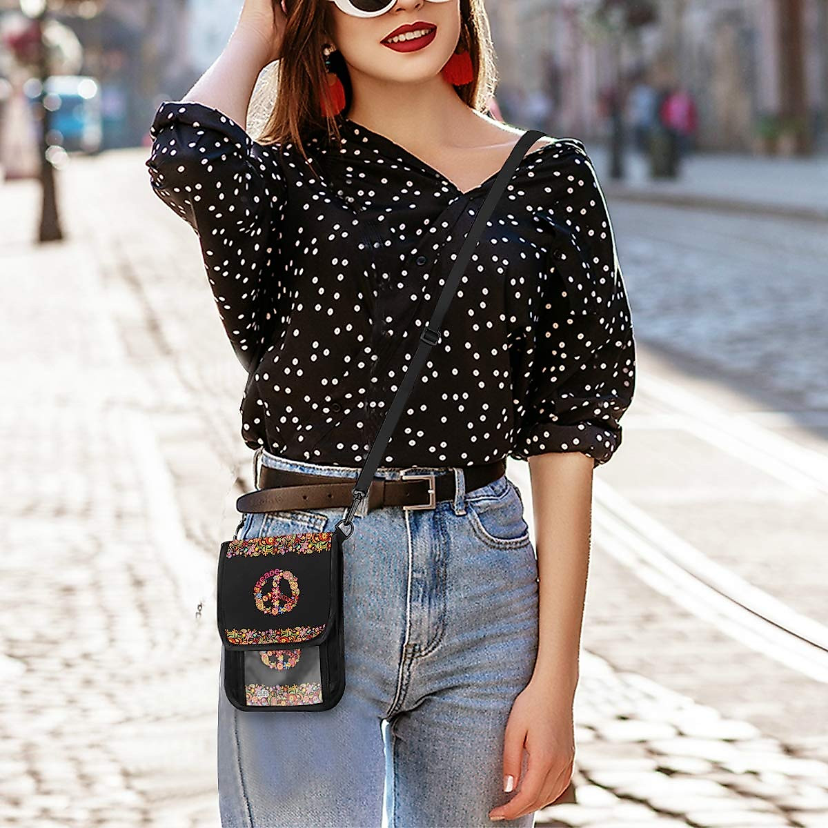 ALAZA Hippie Peace Sign Floral Small Crossbody Wallet Purse Cell Phone Bag Rfid Passport Holder with Credit Card Slots