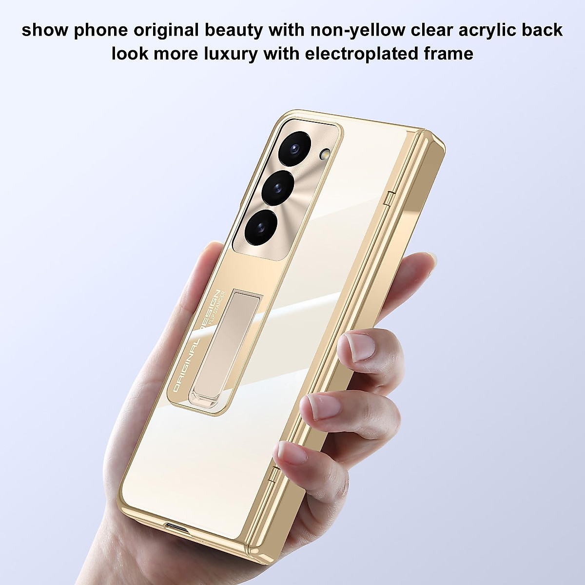 Libeagle Compatible with Samsung Galaxy Z Fold 5 Case, Non-Yellow Clear Back, Electroplated Frame, Full Hinge Protection, Screen Protector, Magnetic Stand, Thin and Slim Phone Cover 5G 2023, Gold