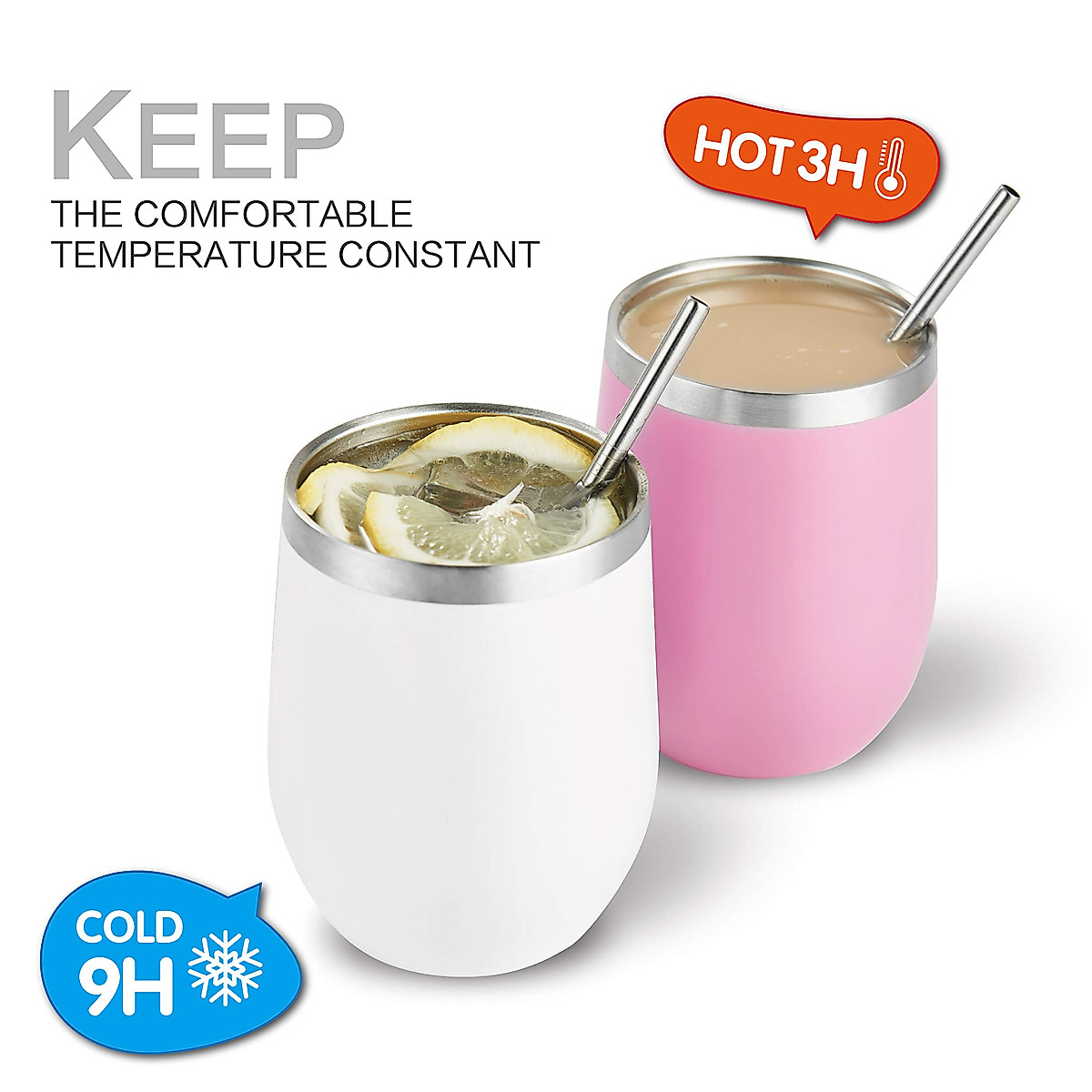 HITSLAM Wine Tumbler Cup Coffee Mug: 12oz Travel Insulated Tumbler with Lid & Straw, Stainless Steel Vacuum Double Wall-Gift for Women, Men, Mom, Dad, Friend (White)