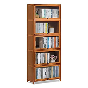 MoNiBloom 5 Tier Book Cabinet with Acrylic Doors, Bamboo Display Shelf Organizer Stand for Children's Student, Living Room, Home, Office, Brown