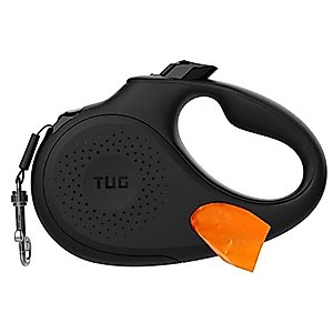 TUG Oval 360° Tangle-Free Retractable Dog Leash with Integrated Waste Bag Dispenser (Medium, Black)