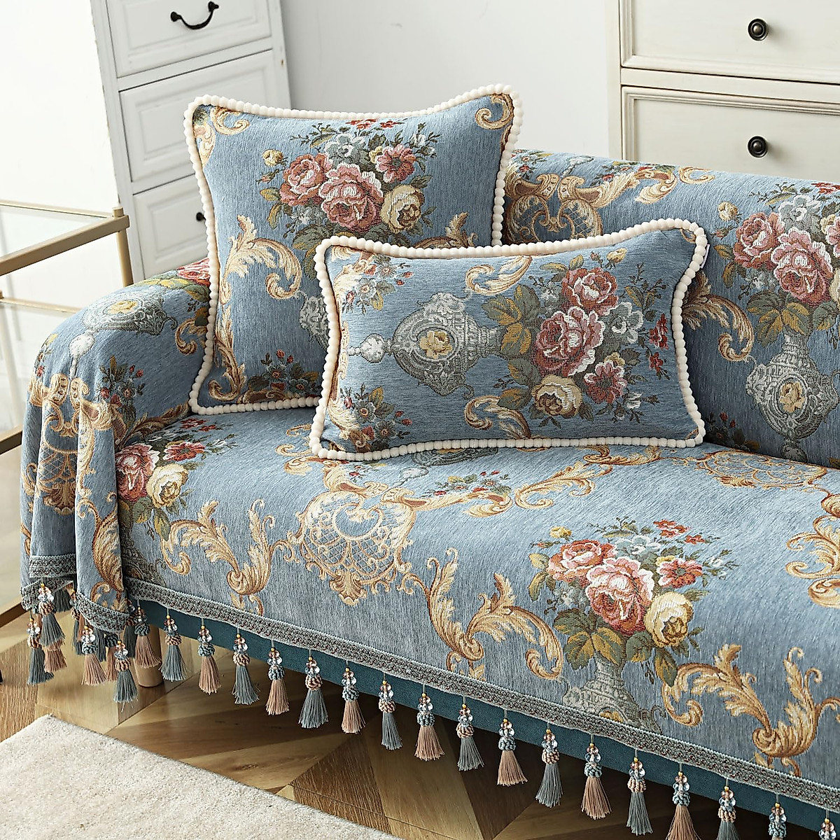 AiWinsure Couch Cover Blanket with Tassels Sofa Covers Loveseat Armchair Sectional Furniture Slipcover for Dogs Cats 3 Cushion Chenille Jacquard Flower One Piece (Blue,4 Seater-190 * 350cm)