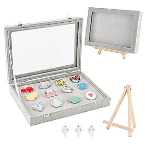 OLYCRAFT 8x11inch Pin Display Case Pin Collection Display Box Wooden Badge Storage Showcase with Velvet Cover and Iron Latch Lock Silver Clear Display Holder Board Frame for Flower Pictures Medals