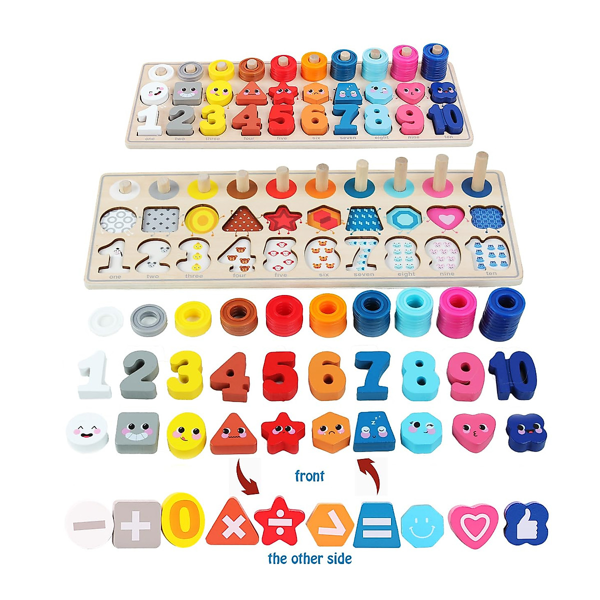 QZMTOY Wooden Montessori Toys for Kids, Toddler Number Puzzles Sorter Counting Shape Stacker Stacking Game Preschool Toys for Boy Girl Learning Education Math Blocks Chunky Puzzles Gift for Toddlers