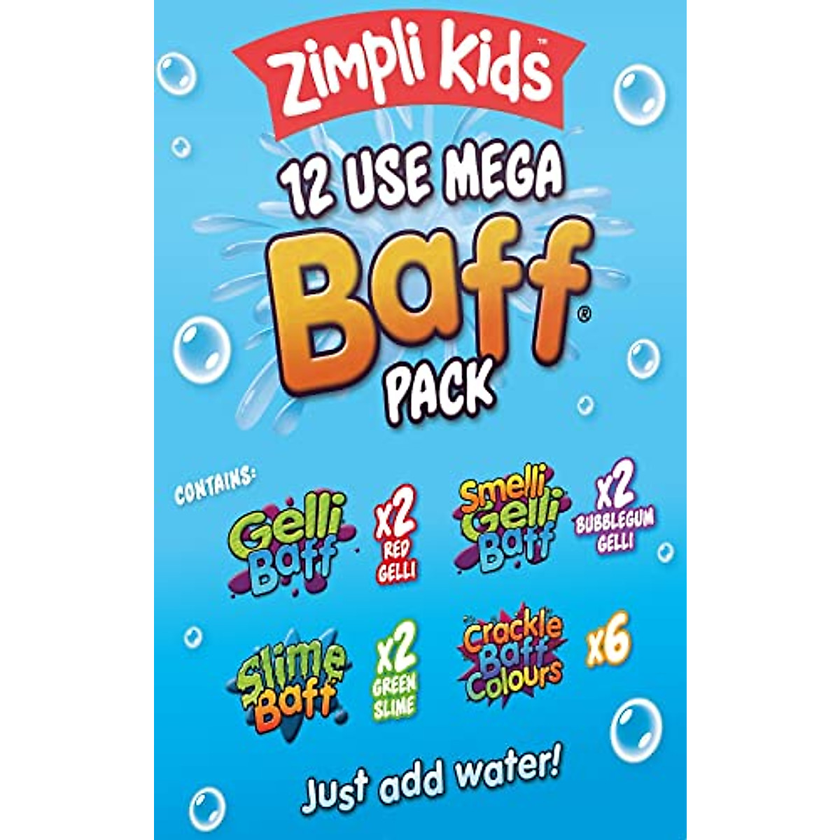 12 Use Mega Value Baff Pack from Zimpli Kids, 4 x Gelli Baff, 2 x Slime Baff & 6 x Crackle Baff, Children's Sensory & Bath Toy, Birthday Presents for Boys & Girls, Certified Biodegradable Gift