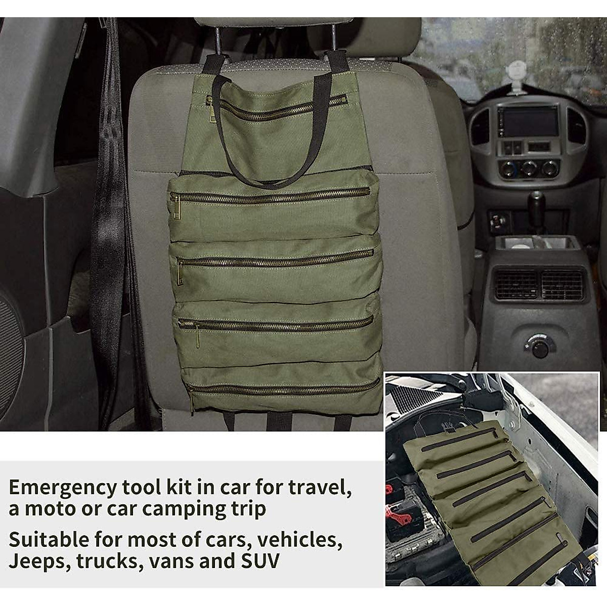 Super Roll Tool Roll,Multi-Purpose Roll Up Tool Bag, Wrench Roll,Canvas Tool Organizer Bucket,Car First Aid Kit Wrap Roll Storage Case,Hanging Tool Zipper Carrier Tote,Car Camping Gear