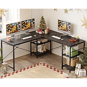 Bestier 95.2” L Shaped Desk, Reversible Corner Computer Desk or 2 Person Long Table with Adjustable Shelves, Large Writing Study Workstation with 3 Cable Holes - Black