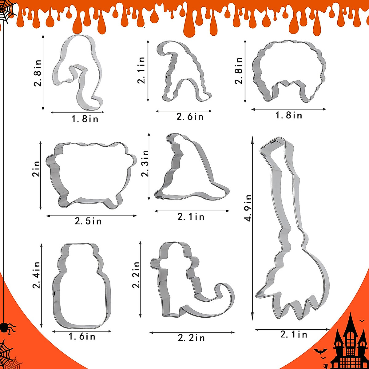 AnyDesign 8Pcs Halloween Witch Biscuit Cutters Set Stainless Steel Biscuit Cutters Reusable Witch's Hat Shoe Broom Pot Shape Cookie Cutters for Halloween Party Supplies Cookie Baking Decoration