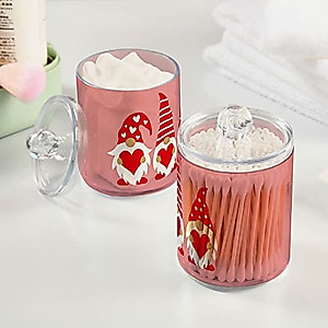 Three Valentine Gnomes Qtip Holder Dispenser 2 Pack Clear Apothecary Plastic Jars with Lids,Cute Hearts Bathroom Canister Storage Organizer for Cotton Pads,Cotton Ball/Swabs,Floss 10Oz