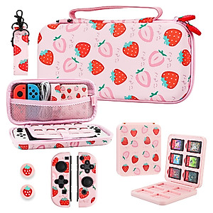 RHOTALL Cute Carrying Case for Nintendo Switch & Switch OLED Cover, Hard Portable Travel Case for Switch Accessories with Game Case, 2 Joy Con Shell, Shoulder Strap, and 2 Thumb Caps - Pink Strawberry